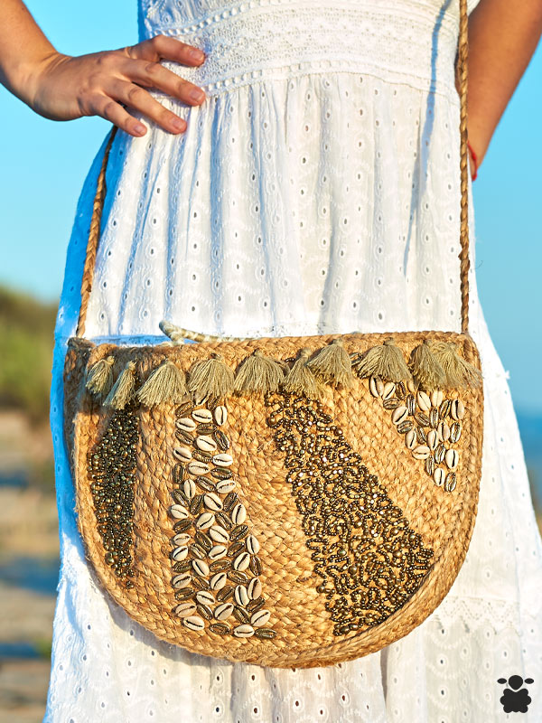 Bolso boho chic conchas doradas - Oveja Bohemia