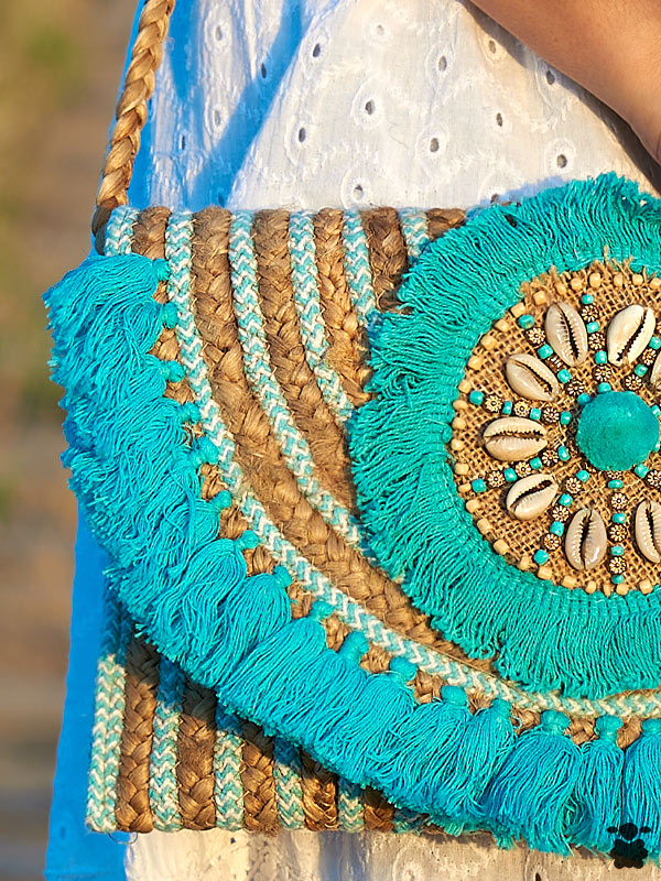 Bolso boho chic mar azul con caracolas - Oveja Bohemia